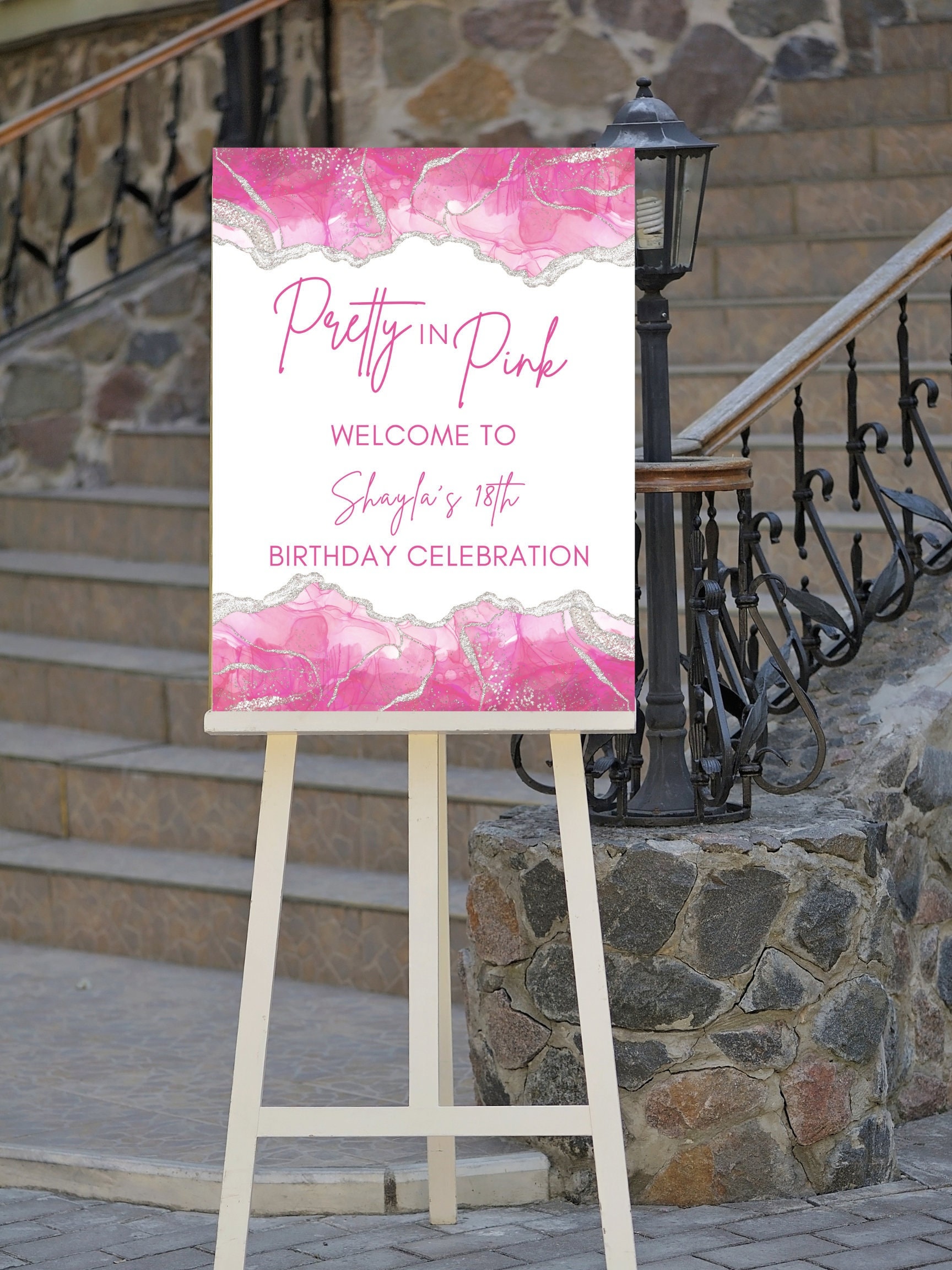 Editable Pretty in Pink Birthday Welcome Sign, Pink, Silver and White ...