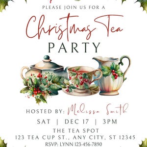 Editable Christmas Tea Party Invitation, Holiday Tea, Printable or ...