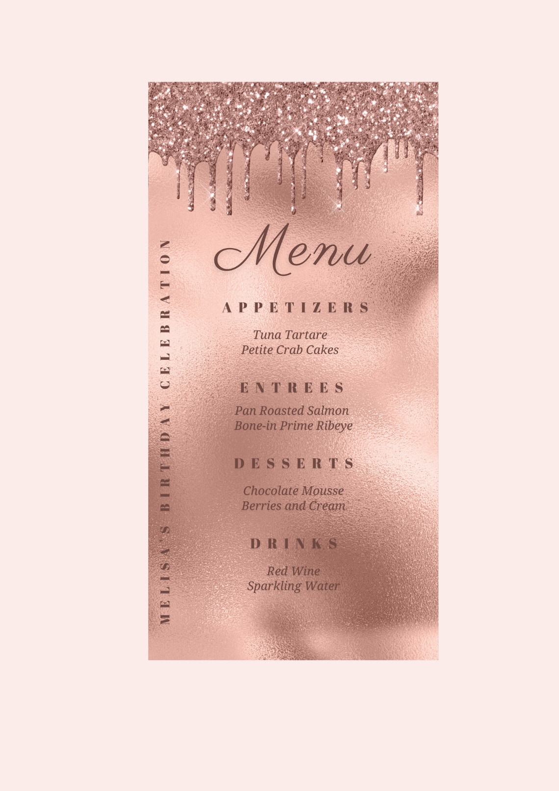 Editable Rose Gold Menu Card Template, Rose Gold Glitter Drip Menu Card ...