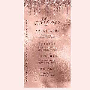 Editable Rose Gold Menu Card Template, Rose Gold Glitter Drip Menu Card ...