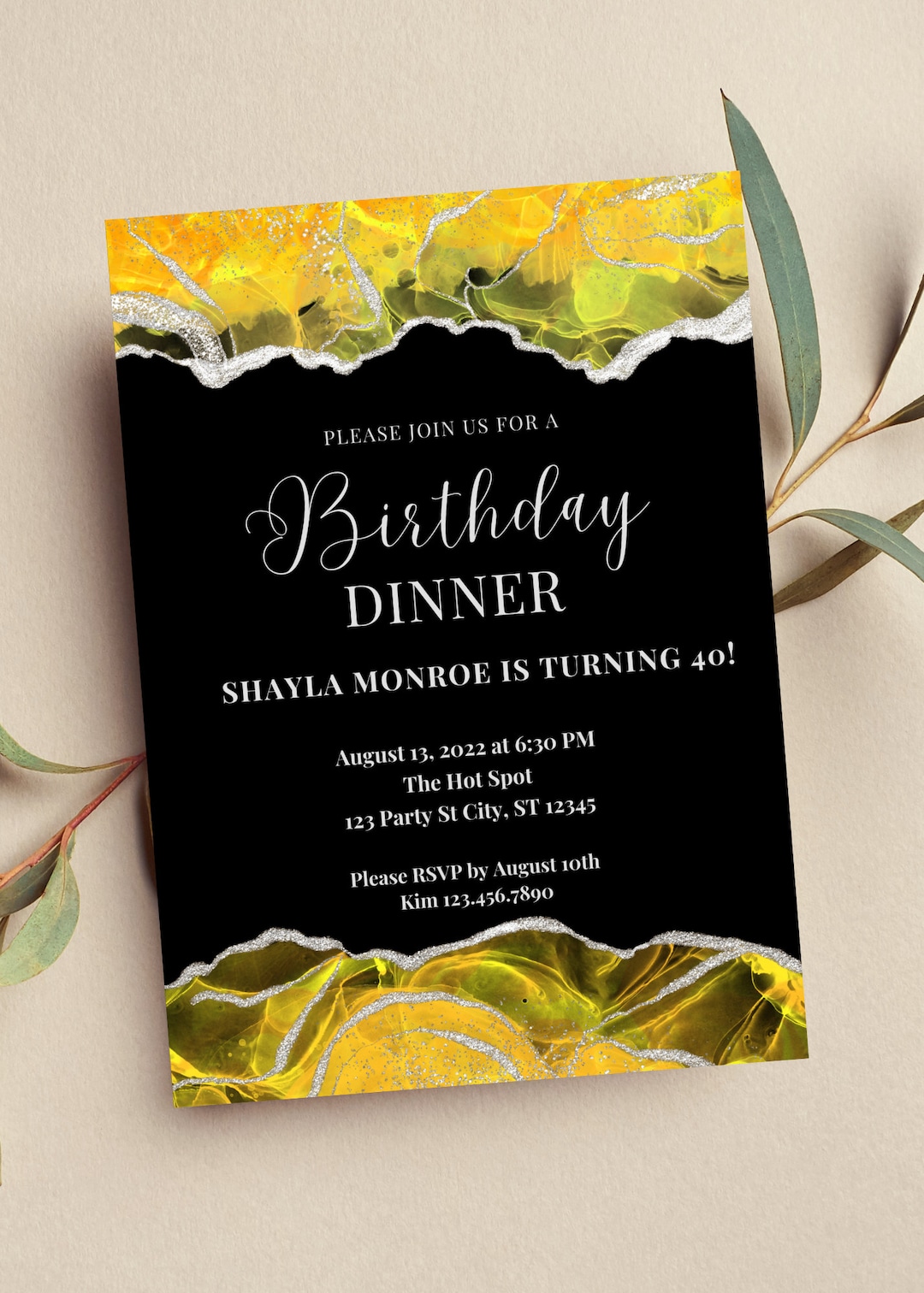 Editable Yellow and Black Invitation, Birthday Dinner, Printable or ...