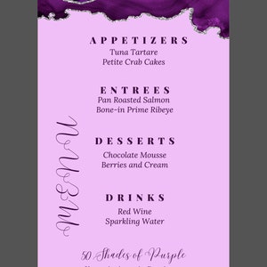 Editable Shades of Purple Menu Card Template, Purple and Silver Menu ...