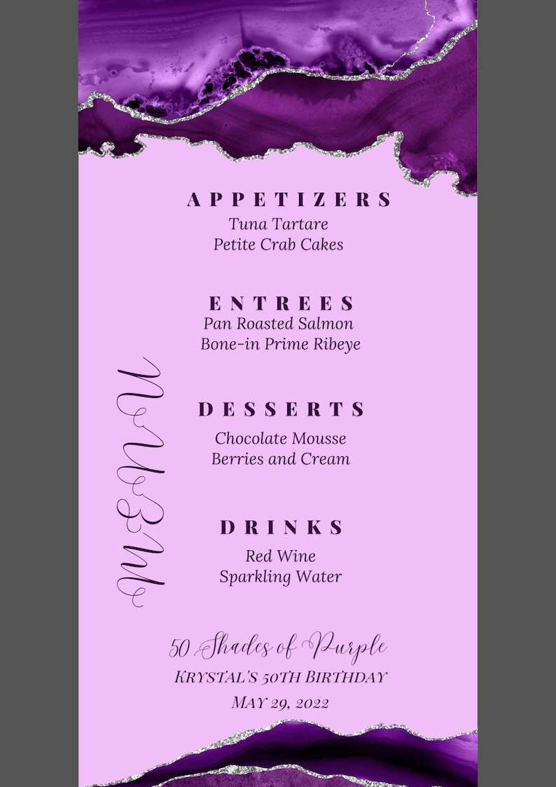 Editable Shades of Purple Menu Card Template Purple Menu Card - Etsy