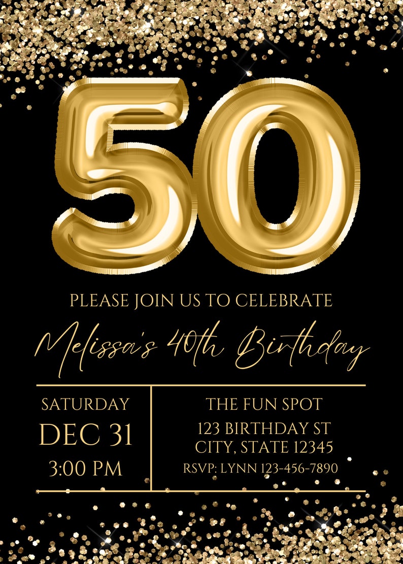 Editable 50th Birthday Invitation Gold And Black Invitation Etsy