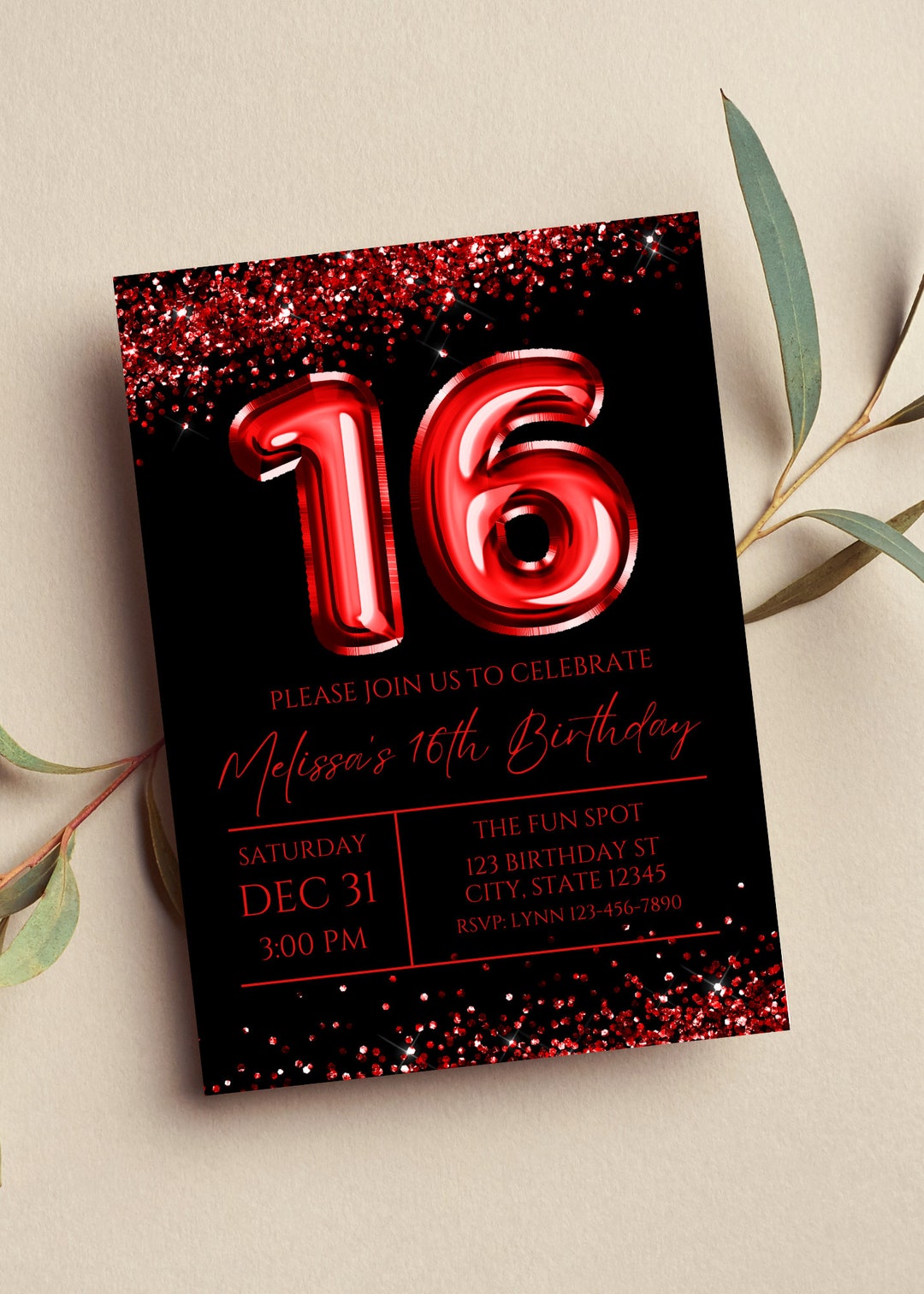 Editable 16th Birthday Invitation, Sweet 16, Red and Black Invitation ...