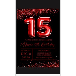 Editable 15th Birthday Invitation, Red and Black Invitation, Red 15 ...