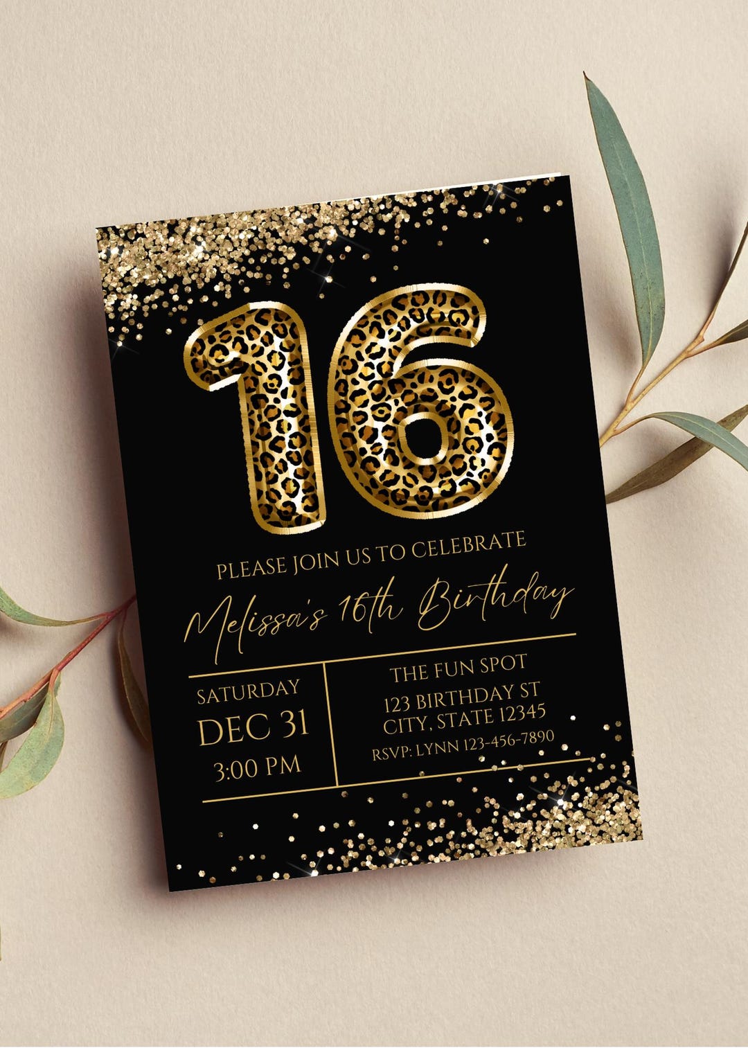 Editable 16th Birthday Invitation, Leopard Print, Black and Gold ...