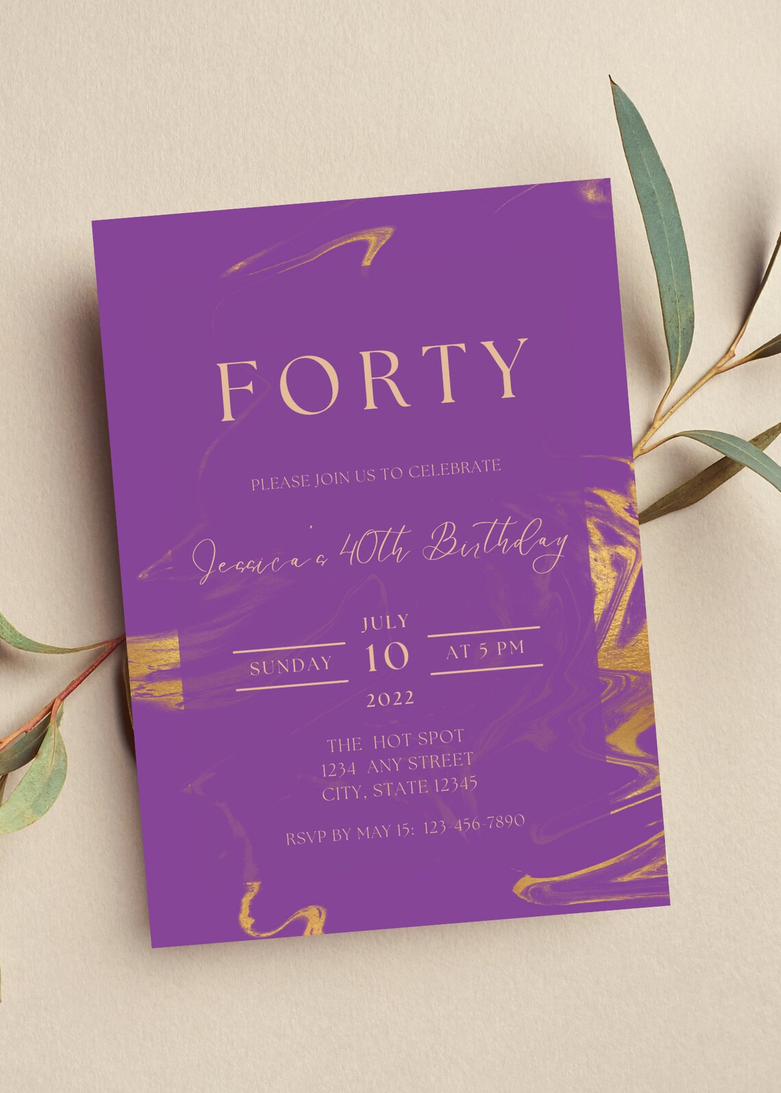 Editable Purple and Gold Birthday Invitation Purple Marble - Etsy