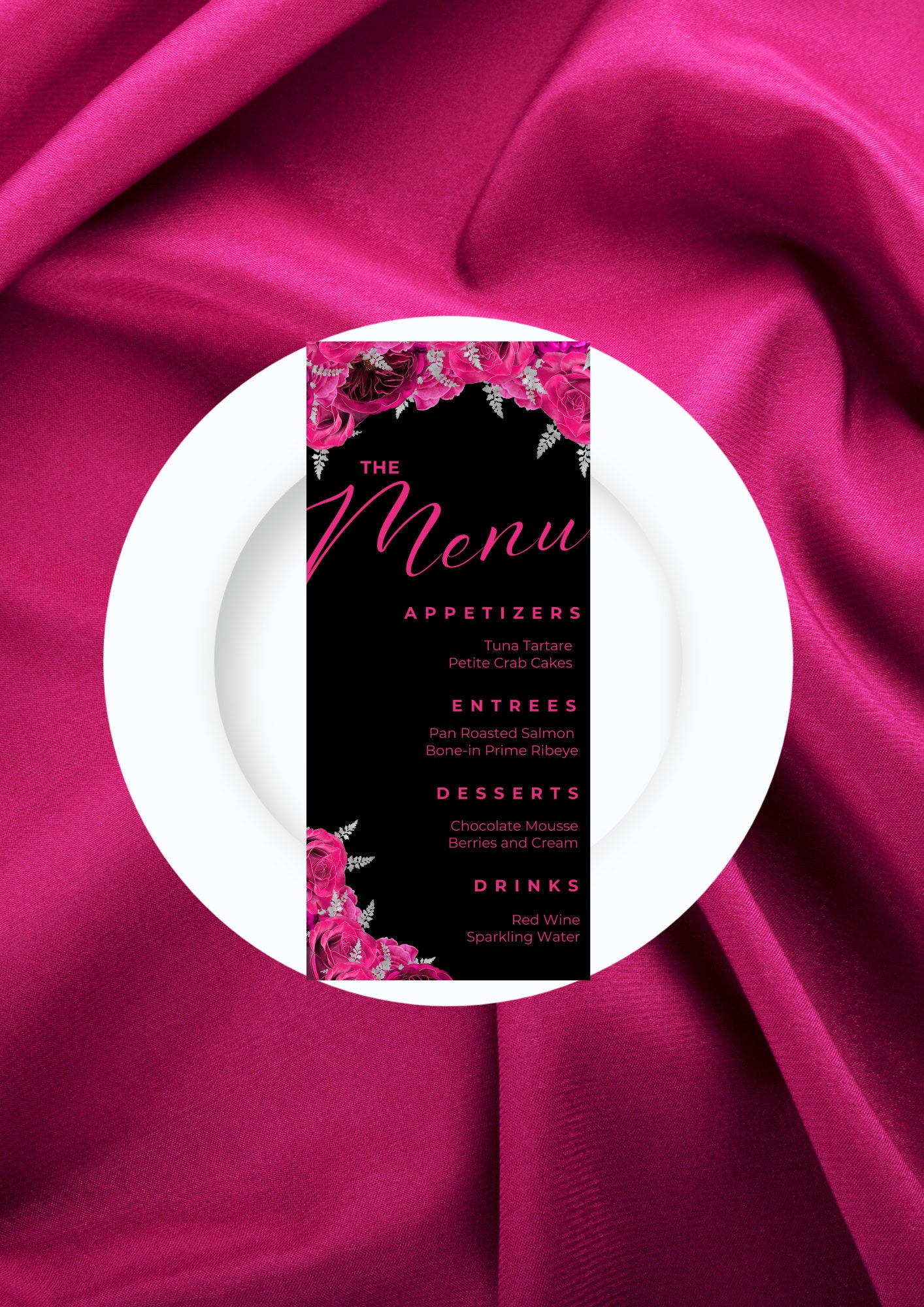 Editable Menu Card Template, Hot Pink, Black and Silver Menu Cards ...