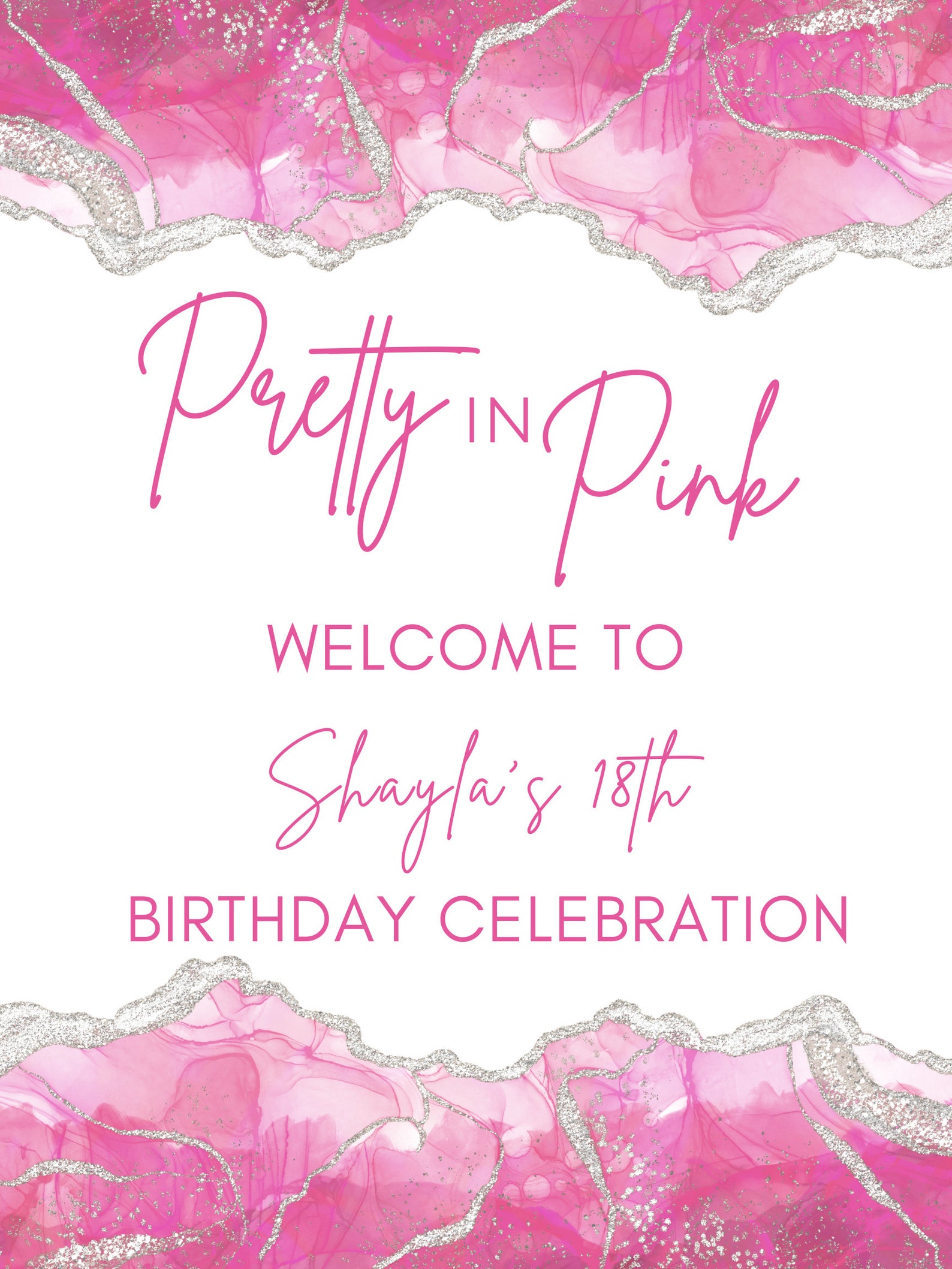 Editable Pretty in Pink Birthday Welcome Sign, Pink, Silver and White ...