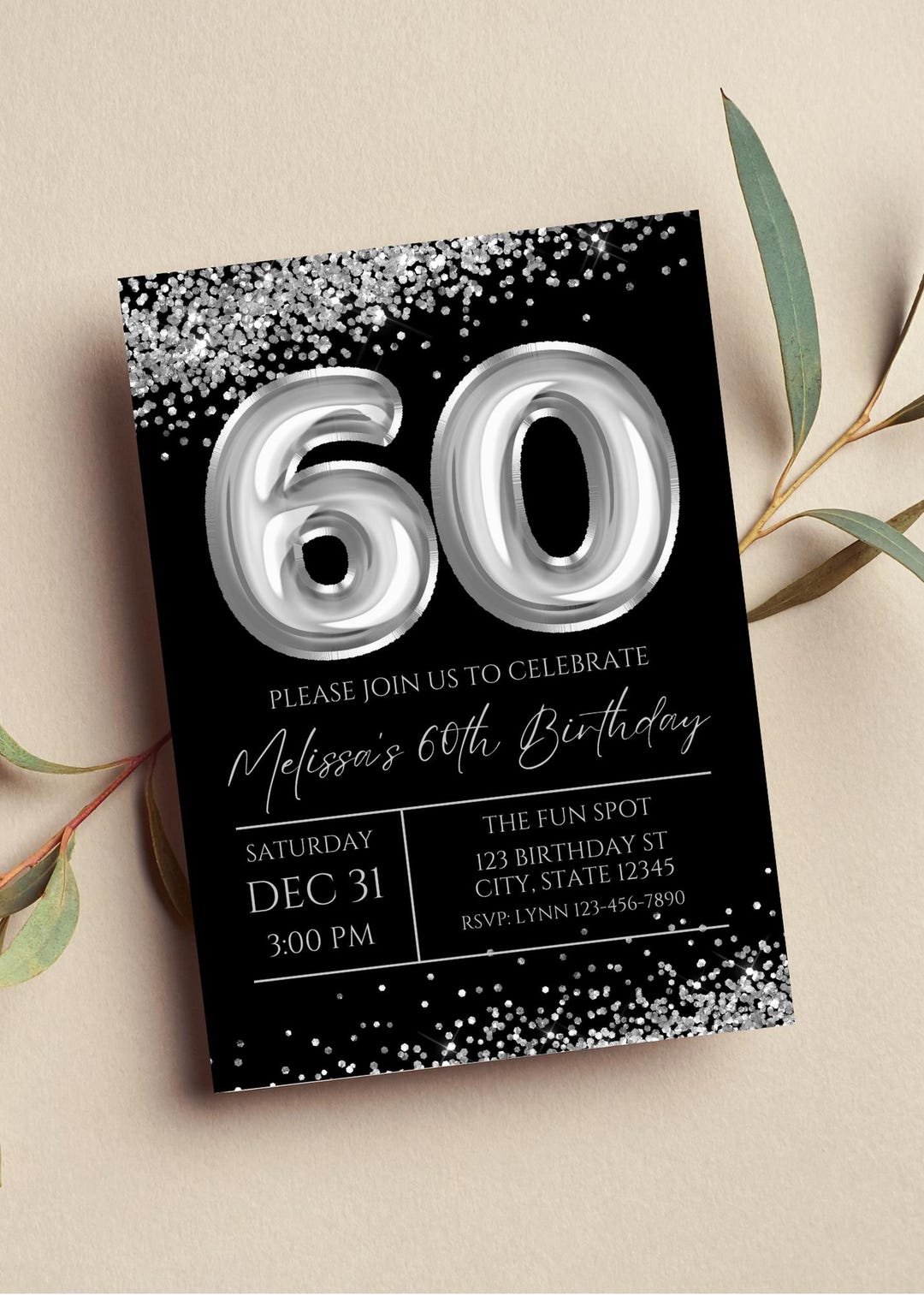 Editable 60th Birthday Invitation, Silver and Black Invitation, Silver ...