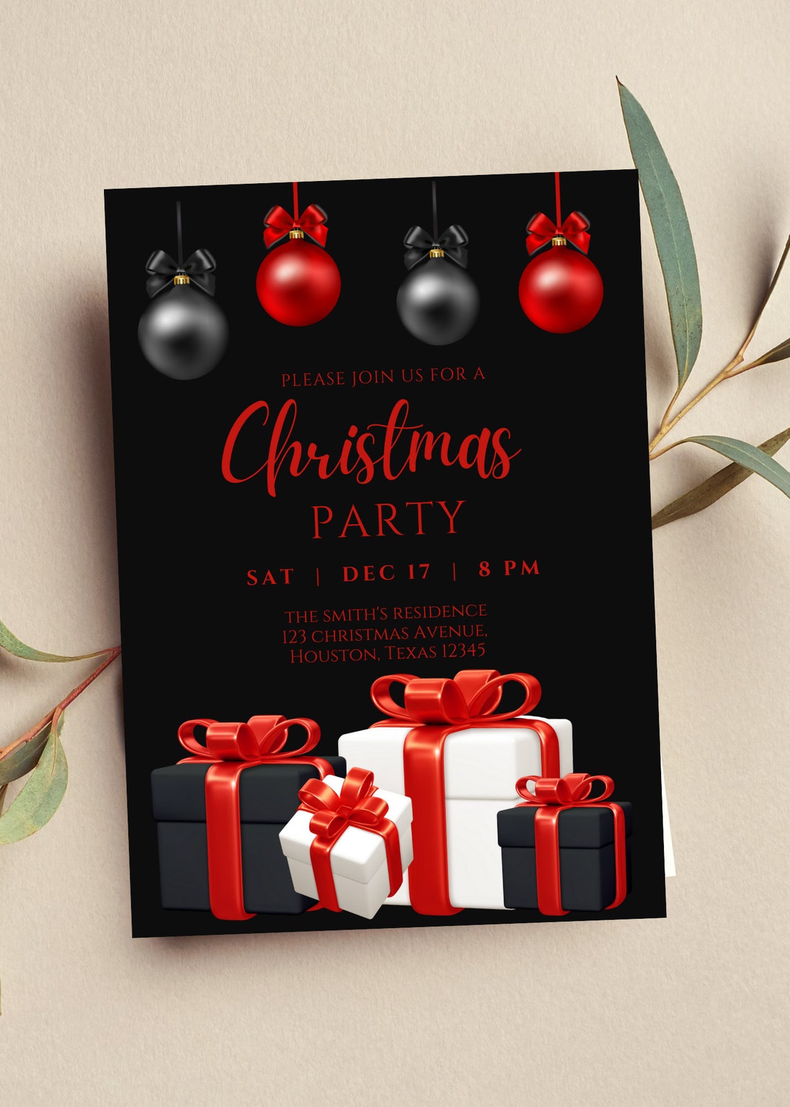 Editable Christmas Party Invitation Red and Black Invite - Etsy