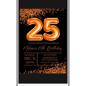 Editable 25th Birthday Invitation, Orange and Black Invitation, Orange ...
