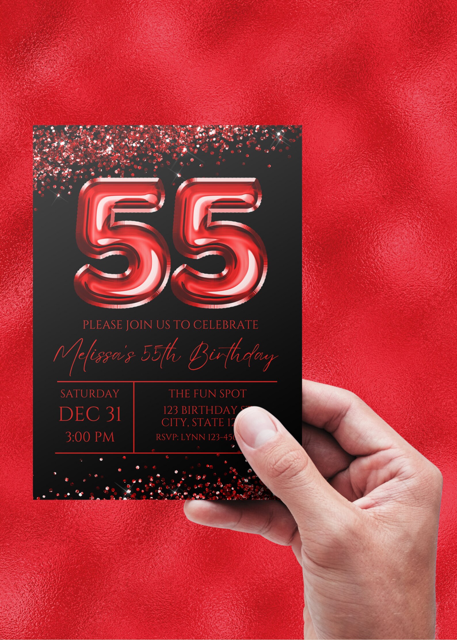 Editable 55th Birthday Invitation, Red and Black Invitation, Red 55 ...