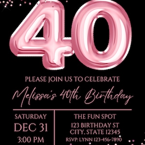 Editable 40th Birthday Invitation, Black and Pink Invitation, Pink 40 ...