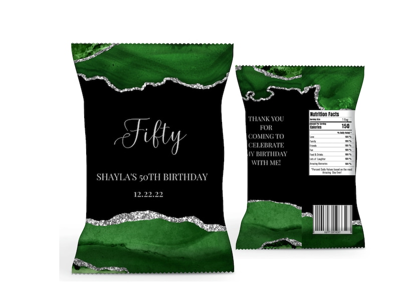 Editable Birthday Chip Bag, Green, Black and Silver Chip Bag, Party ...