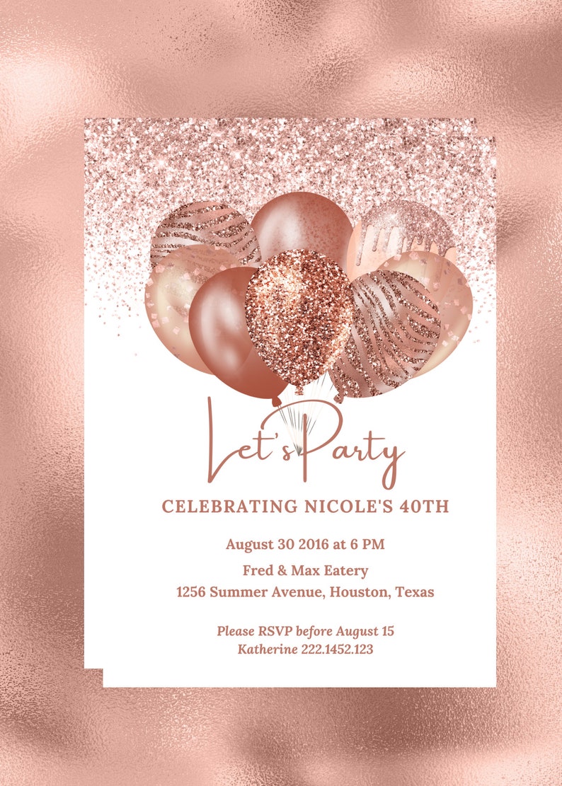 Editable Rose Gold Birthday Invitation, Let's Party Rose Gold and White ...