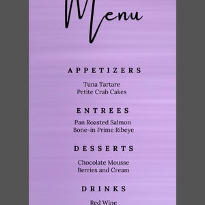 Editable Purple Menu Card Template, Minimalist Menu Cards, Modern ...