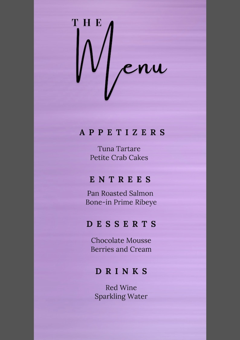Editable Purple Menu Card Template Minimalist Menu Card - Etsy
