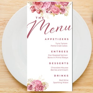 Editable Menu Card Template, Pink and Gold Menu Cards, Floral, Dinner ...