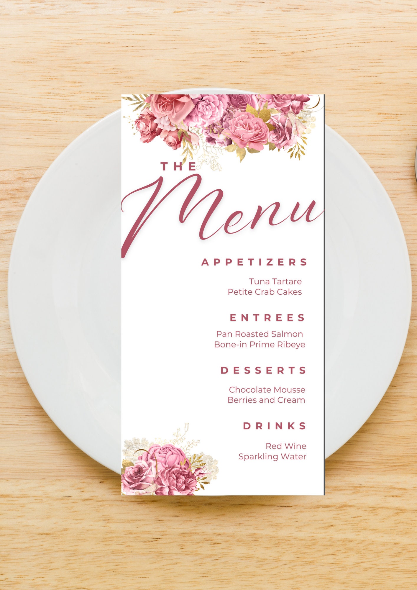 Editable Menu Card Template, Pink and Gold Menu Cards, Floral, Dinner ...