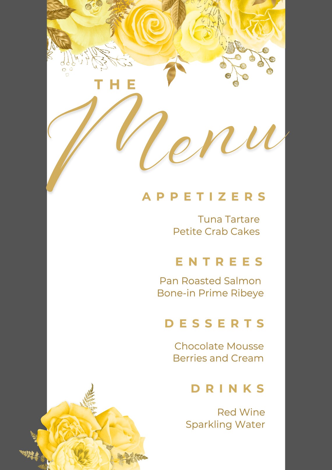 Editable Menu Card Template Yellow and Gold Menu Card - Etsy