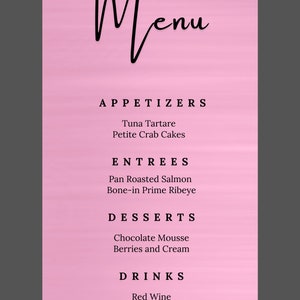 Editable Pink Menu Card, Modern, Minimalist Menu, Birthday Dinner Menu ...