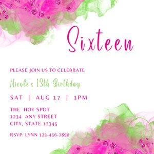 Editable Pink and Green Invitation, Birthday Invitation, Glam, Abstract ...