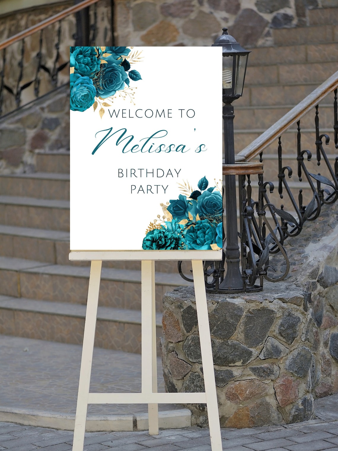 Editable Teal and Gold Birthday Welcome Sign Floral Birthday - Etsy