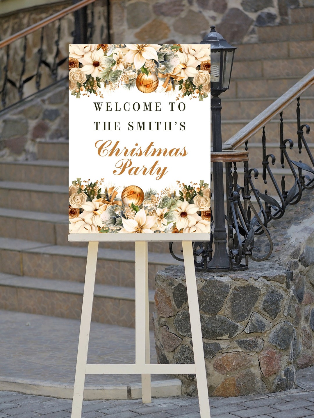 Editable Gold Christmas Party Welcome Sign Floral Christmas Entrance ...