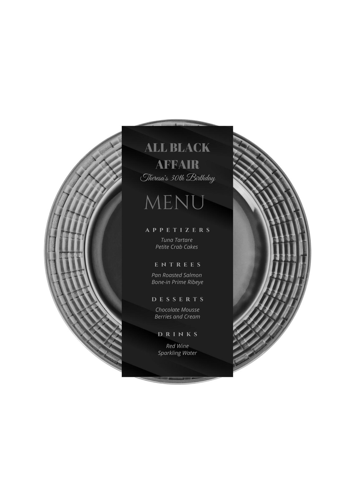 All Black Affair Menu Card Template, Birthday Dinner Menu Cards, Table ...