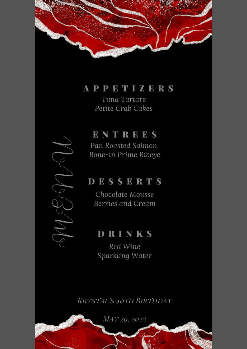 Editable Menu Template, Red and Silver Menu Card, Birthday Dinner Menu ...