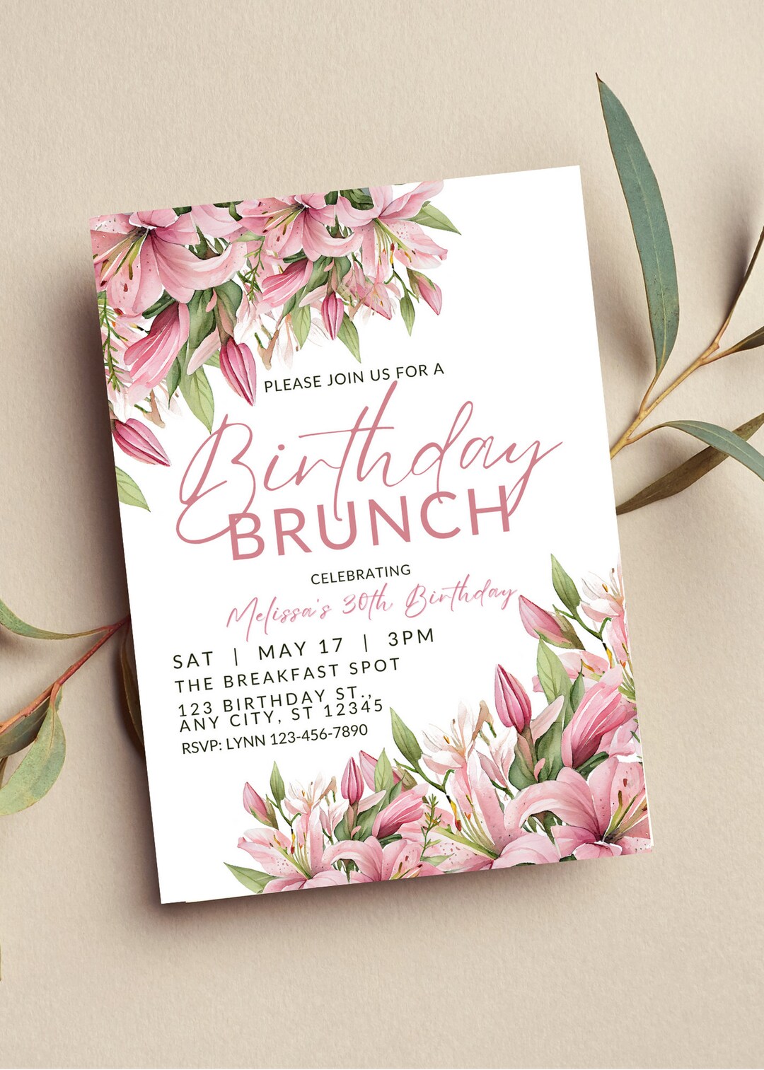 Editable Birthday Brunch Invitation, Pink Floral, Sunday Brunch, Baby ...
