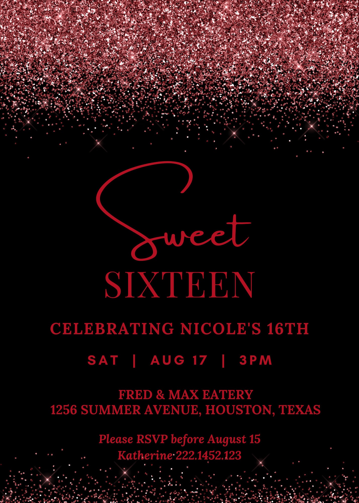 Red Glitter Sweet 16 Invitation, Editable Black Invite (digital ...