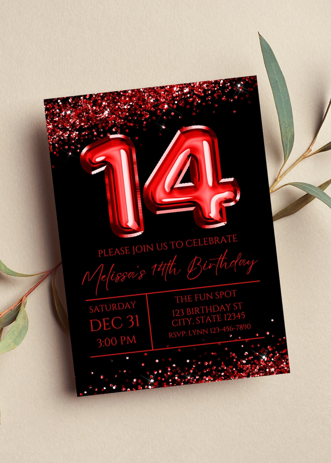 Editable 14th Birthday Invitation, Red and Black Invitation, Red 14 ...