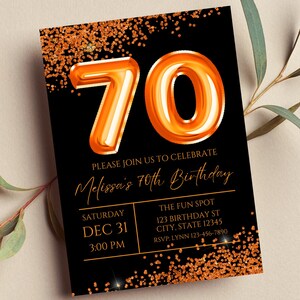 Editable 70th Birthday Invitation, Orange and Black Invitation, Orange ...