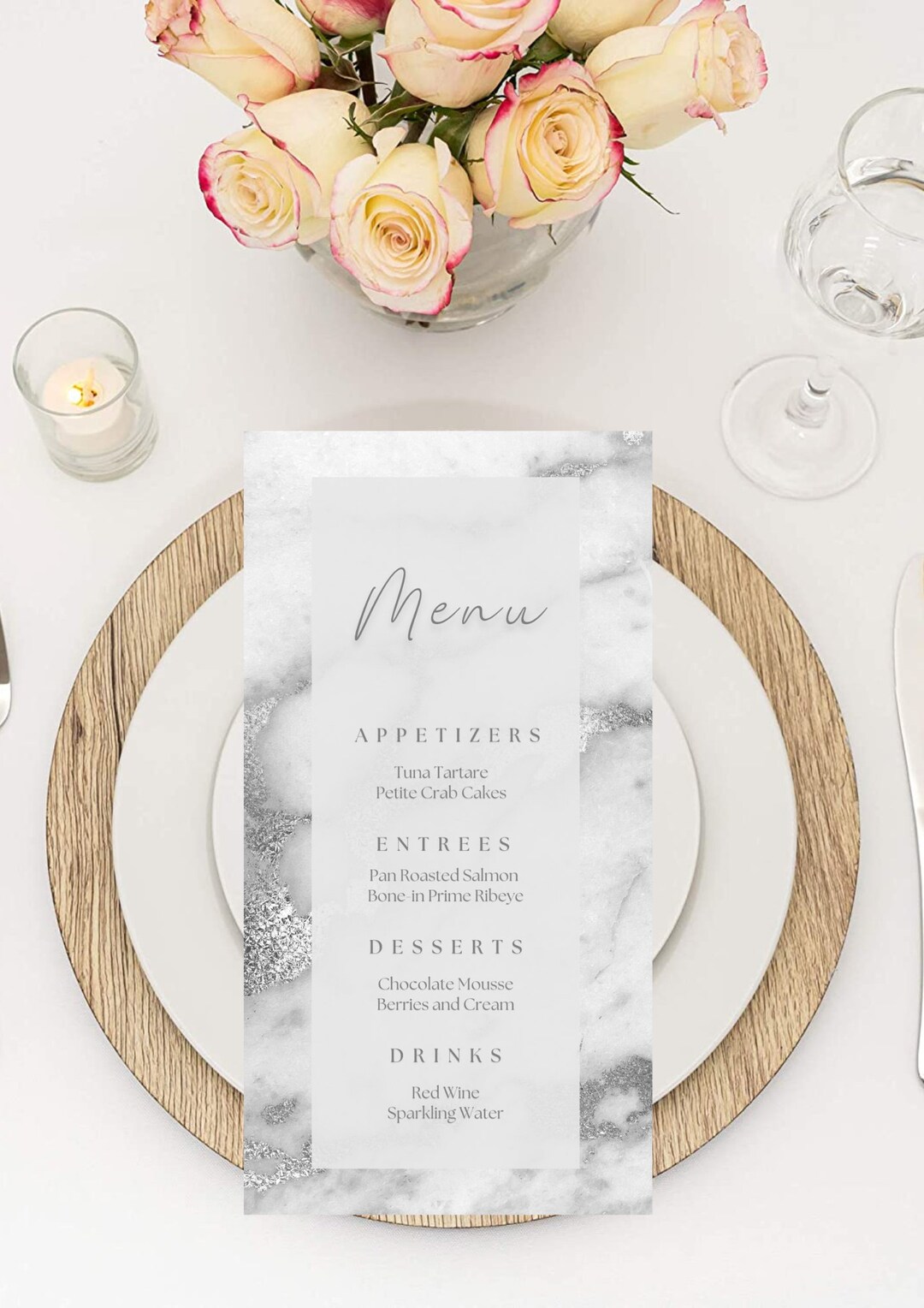 Editable White and Silver Menu Card Template Marble Design - Etsy