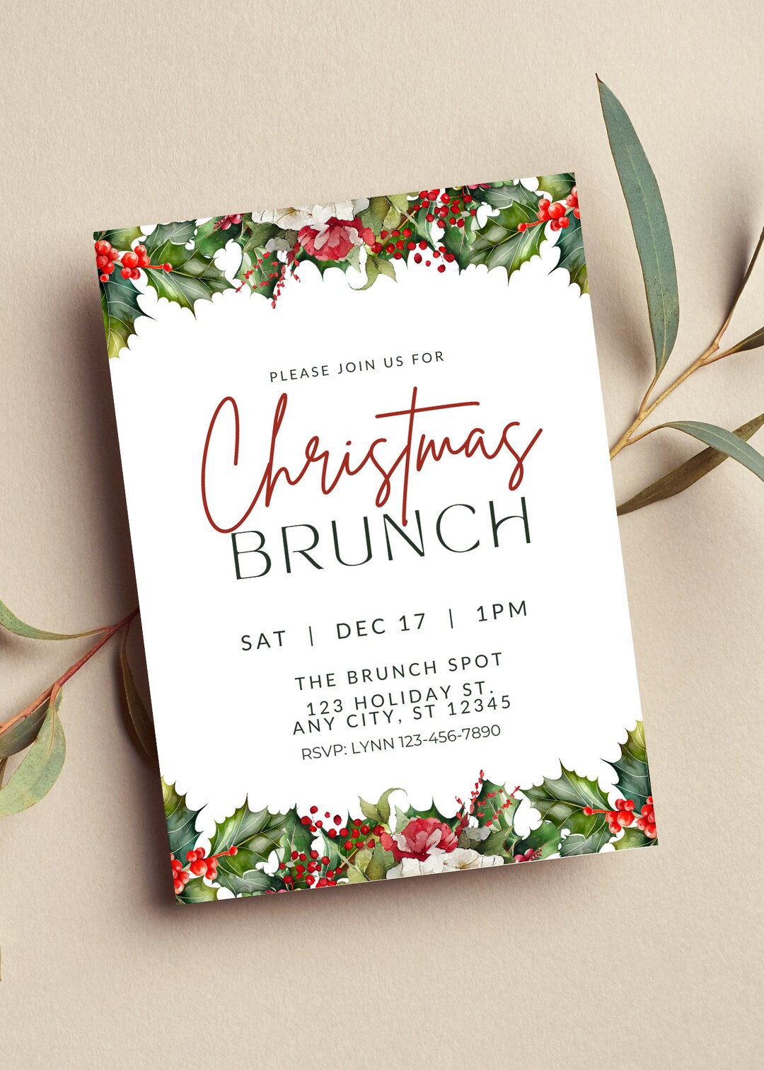 Editable Christmas Brunch Invitation With Holiday Holly Florals ...