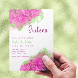 Editable Pink and Green Invitation, Birthday Invitation, Glam, Abstract ...