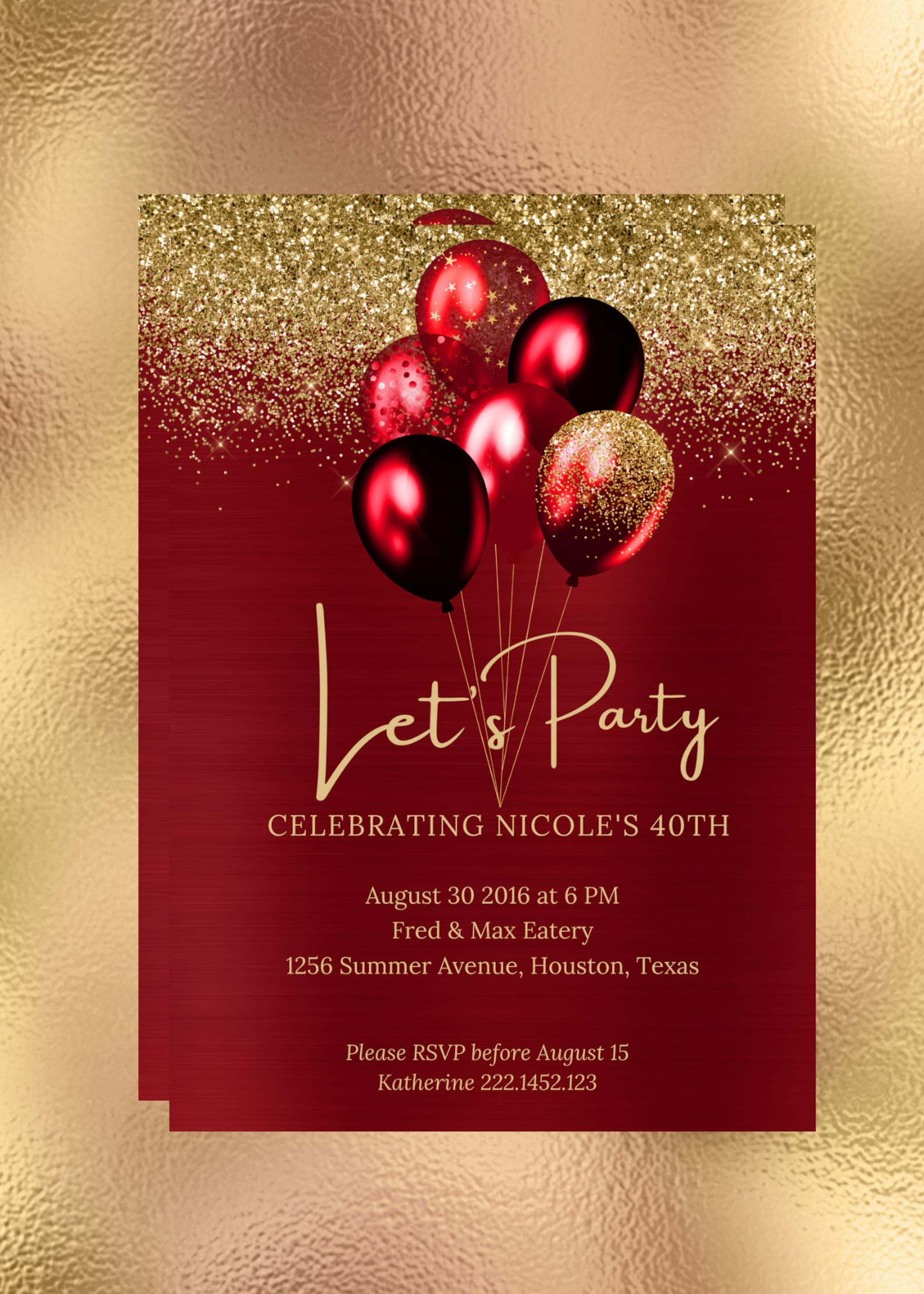 Editable Red and Gold Birthday Invitation, Let's Party Red Balloons ...