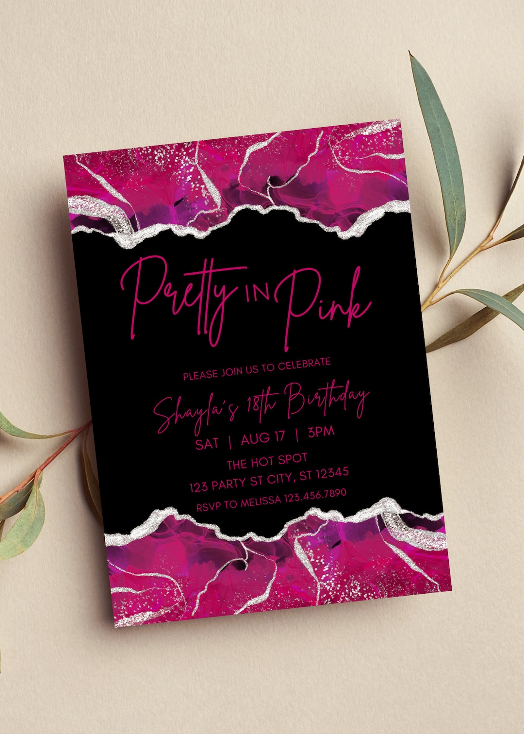 Editable Pink Birthday Invitation, Pretty in Pink, Hot Pink, Black, and ...