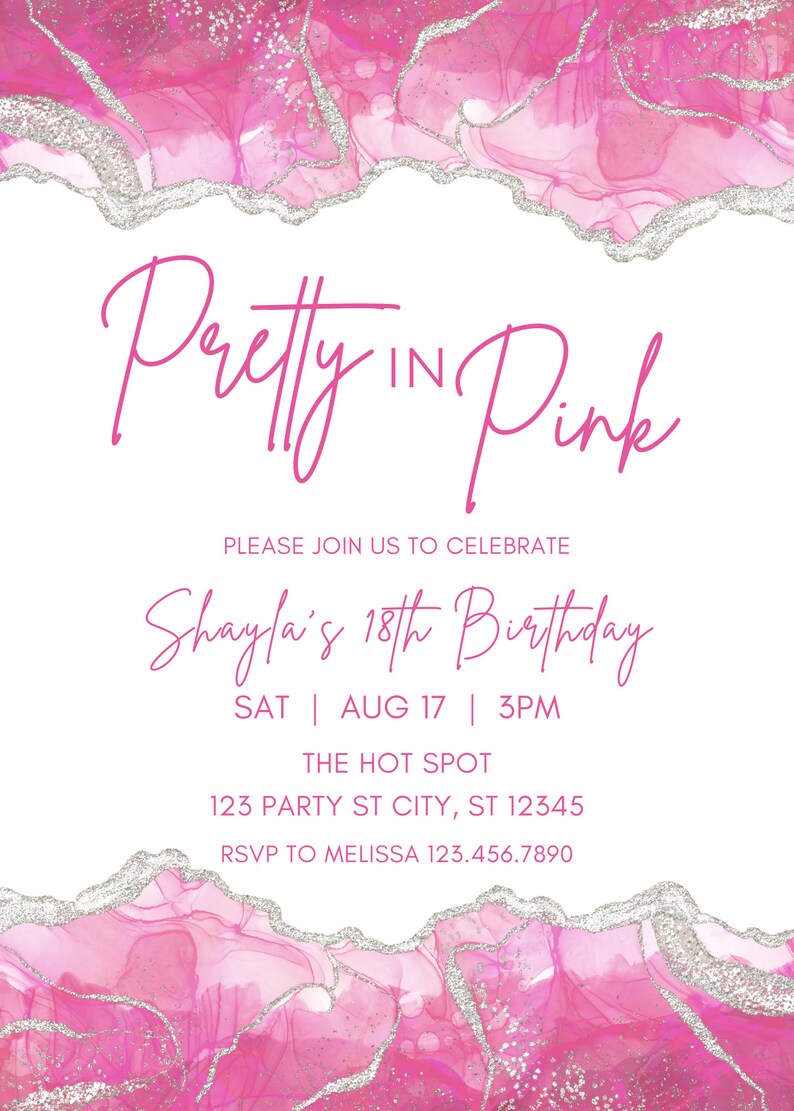 Editable Pink Birthday Invitation, Pretty in Pink, Pink, White, and ...