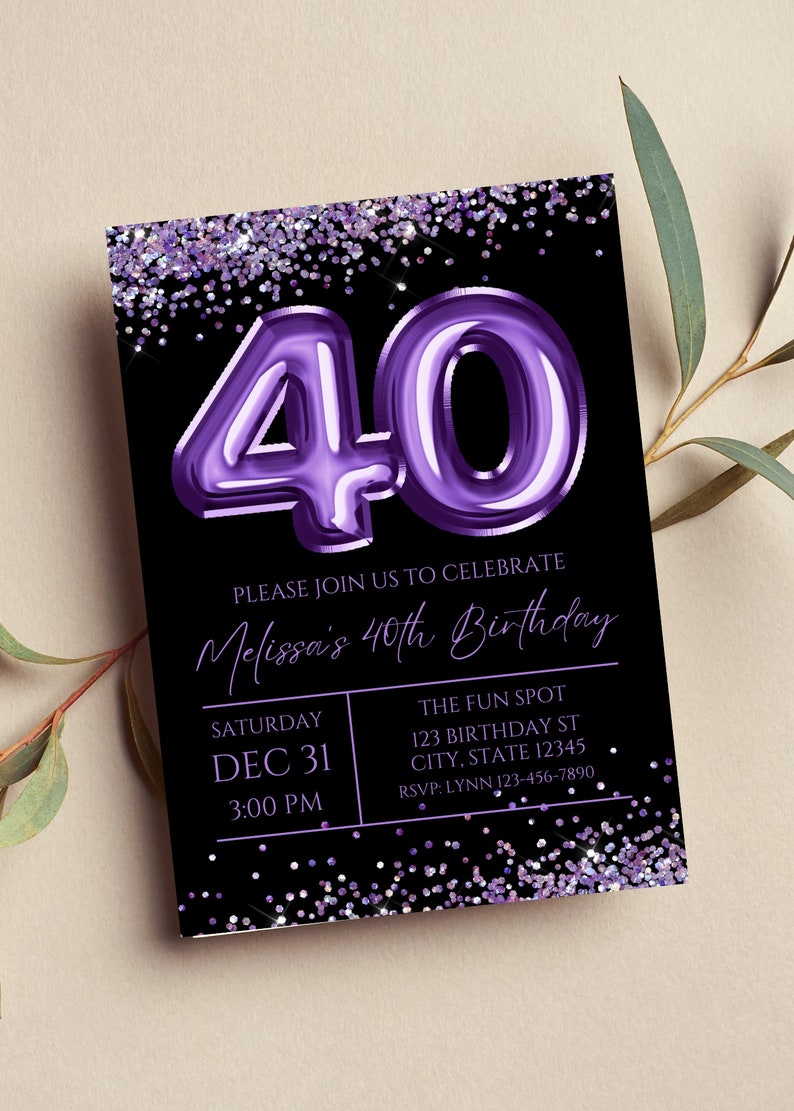 Editable 40th Birthday Invitation, Purple and Black Invitation, Purple ...