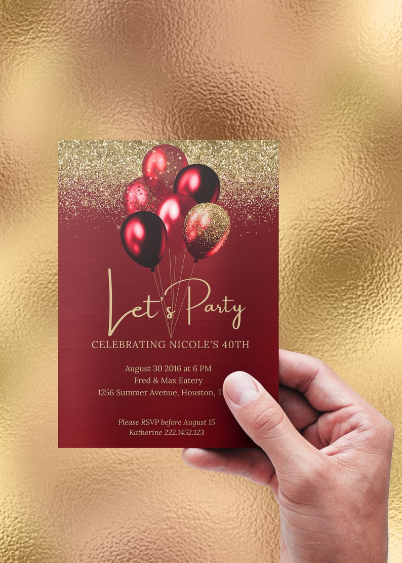 Editable Red and Gold Birthday Invitation, Let's Party Red Balloons ...