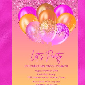 Editable Pink and Orange Birthday Invitation, Let's Party Balloons ...