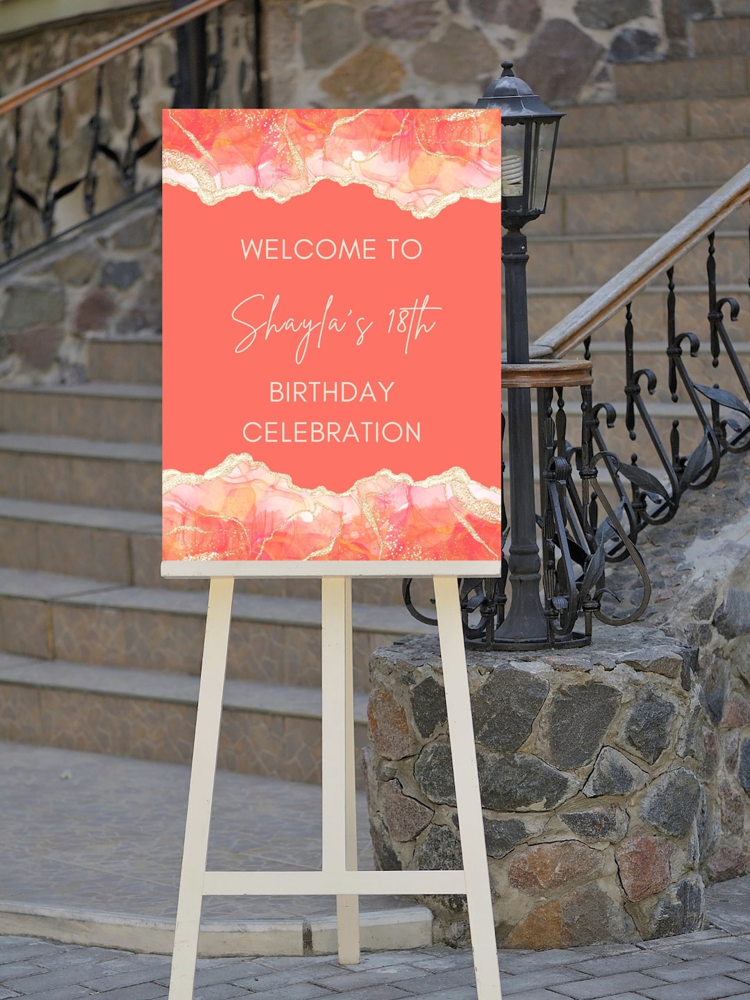 Editable Peach Welcome Sign, Birthday Welcome Sign, Peach and Gold ...