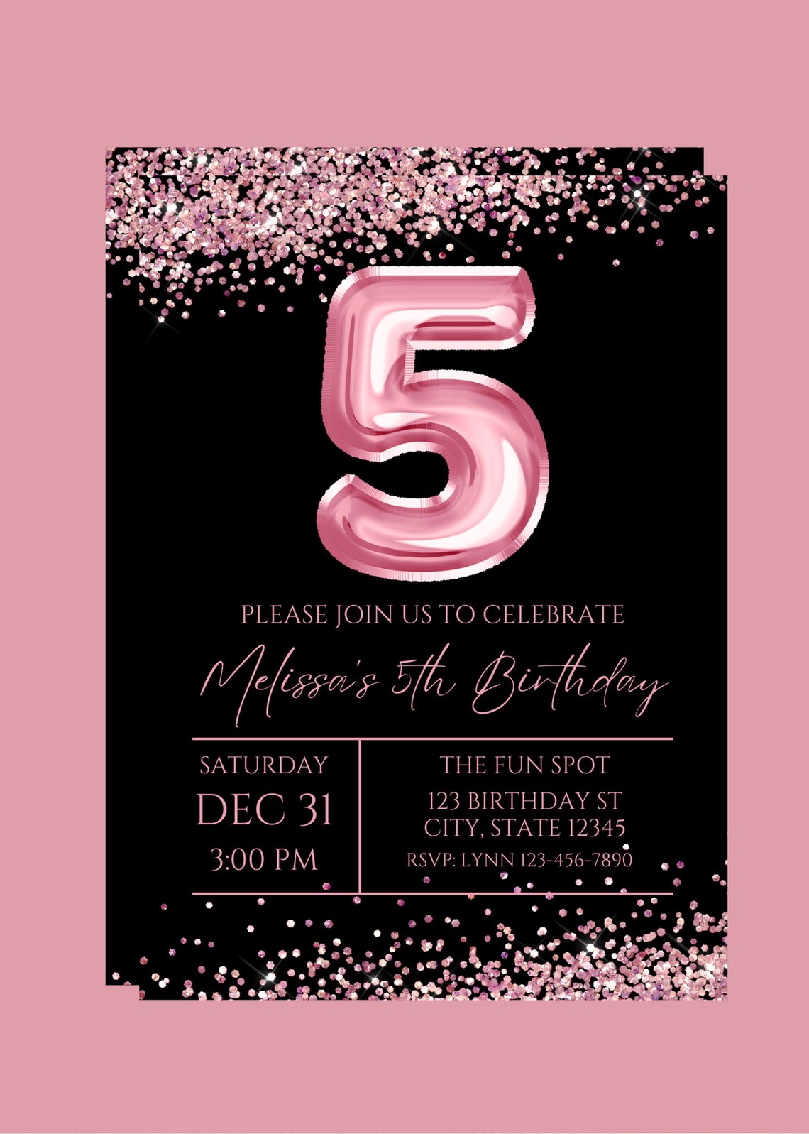 Editable 5th Birthday Invitation, Pink and Black Invitation, Pink 5 ...
