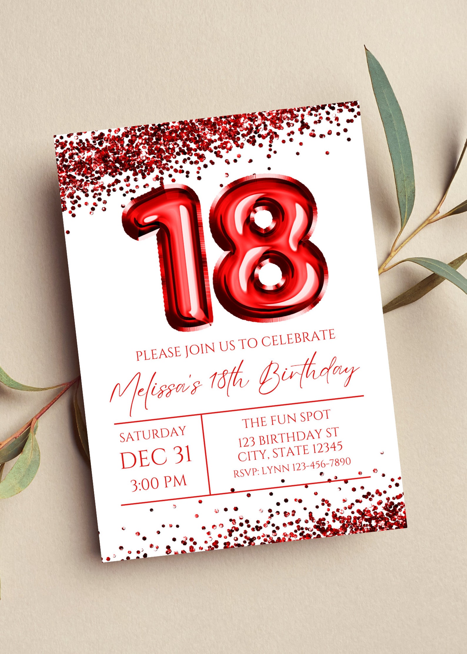 Editable 18th Birthday Invitation, Red and White Invitation, Red 18 ...