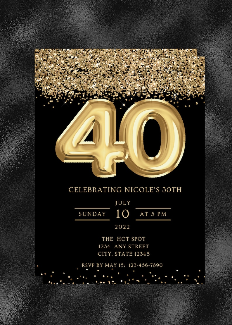 Editable 40th Birthday Invitation Black and Gold Invitation - Etsy