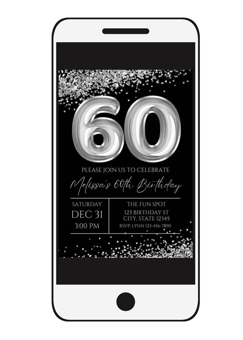 Editable 60th Birthday Invitation, Silver and Black Invitation, Silver ...